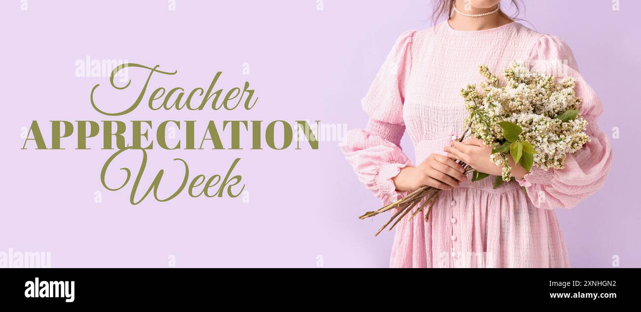 Young woman with bouquet of flowers on lilac background. Banner for ...