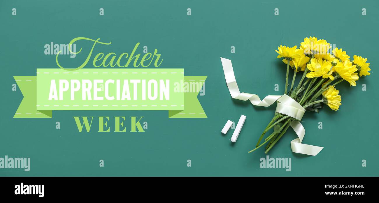 Bouquet of beautiful flowers and chalks on green blackboard. Banner for ...
