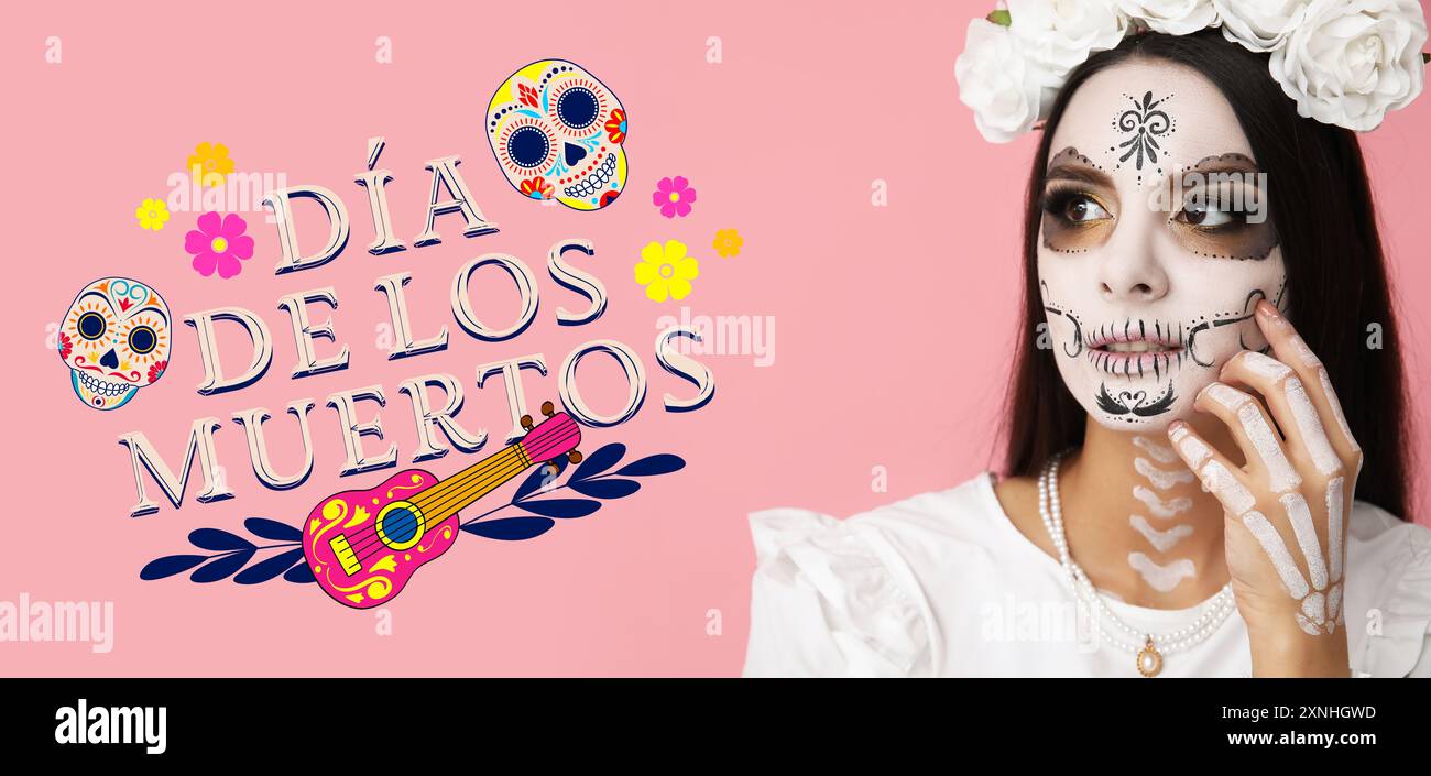Young woman dressed as dead bride on pink background. Banner for Mexico ...