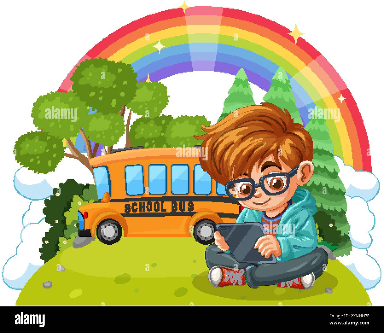 Boy reading tablet near school bus and rainbow Stock Vector Image & Art ...