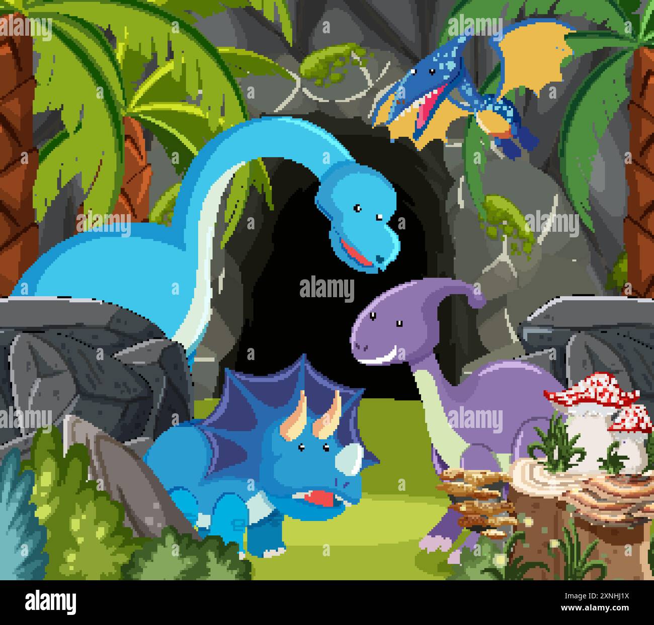 Colorful dinosaurs gathered near a cave entrance Stock Vector Image ...