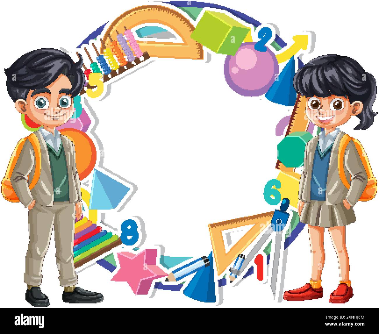 Children with school supplies in a circular frame Stock Vector Image ...