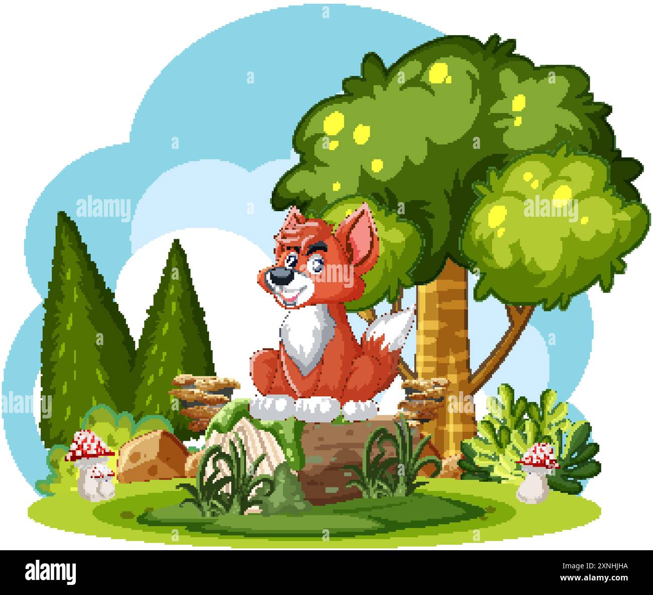 A cheerful fox sitting on a tree stump Stock Vector Image & Art - Alamy