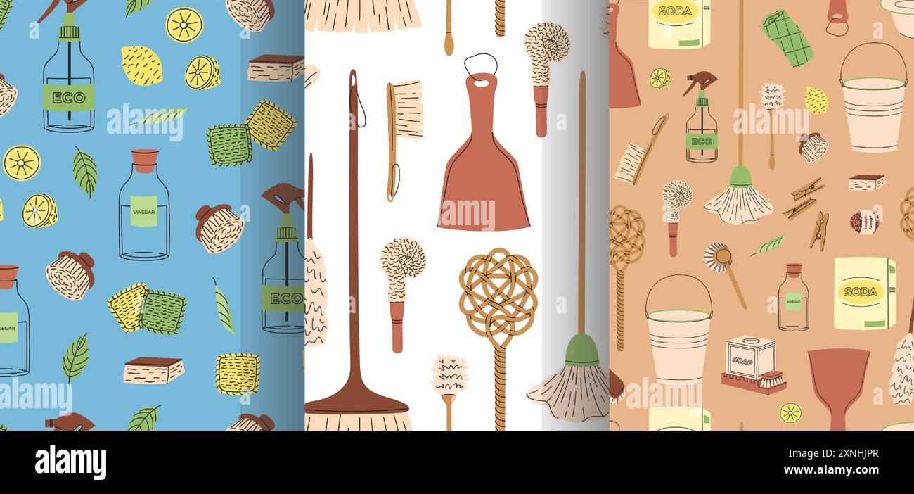 Seamless patterns collections of eco-friendly cleaning products ...