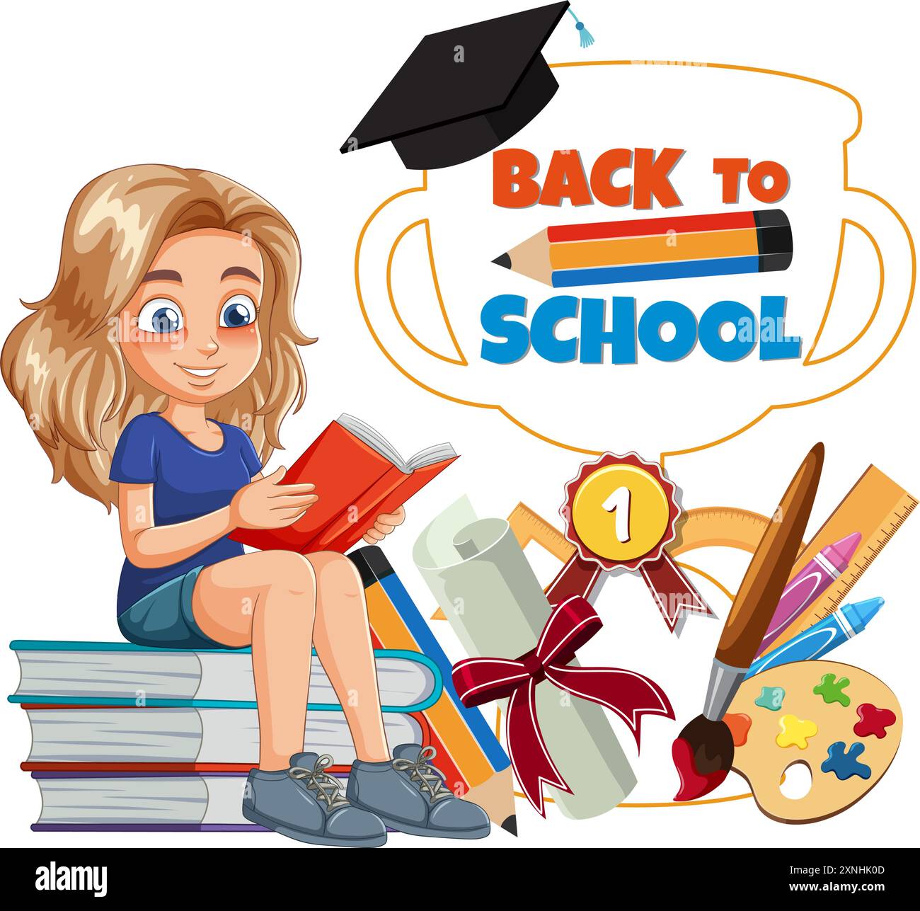 Girl reading with school supplies around Stock Vector Image & Art - Alamy