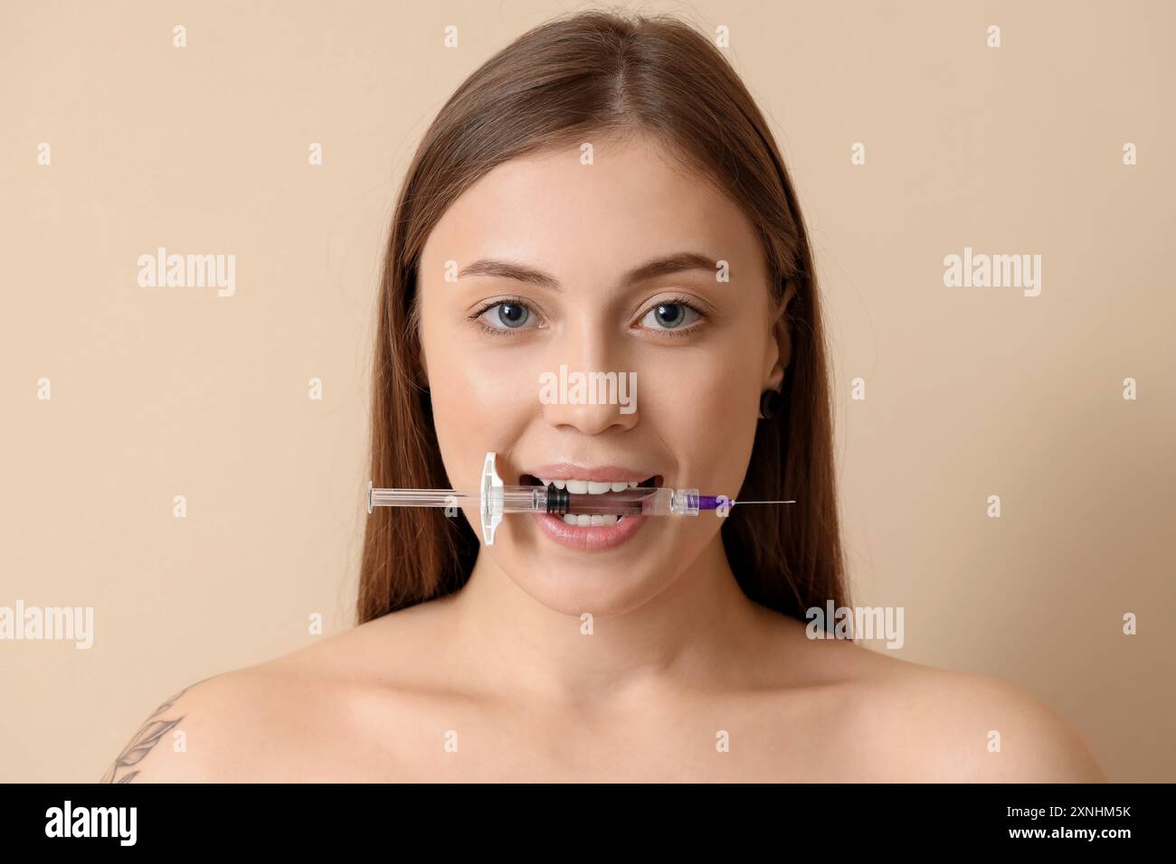Beautiful woman with injection on beige background, closeup Stock Photo ...