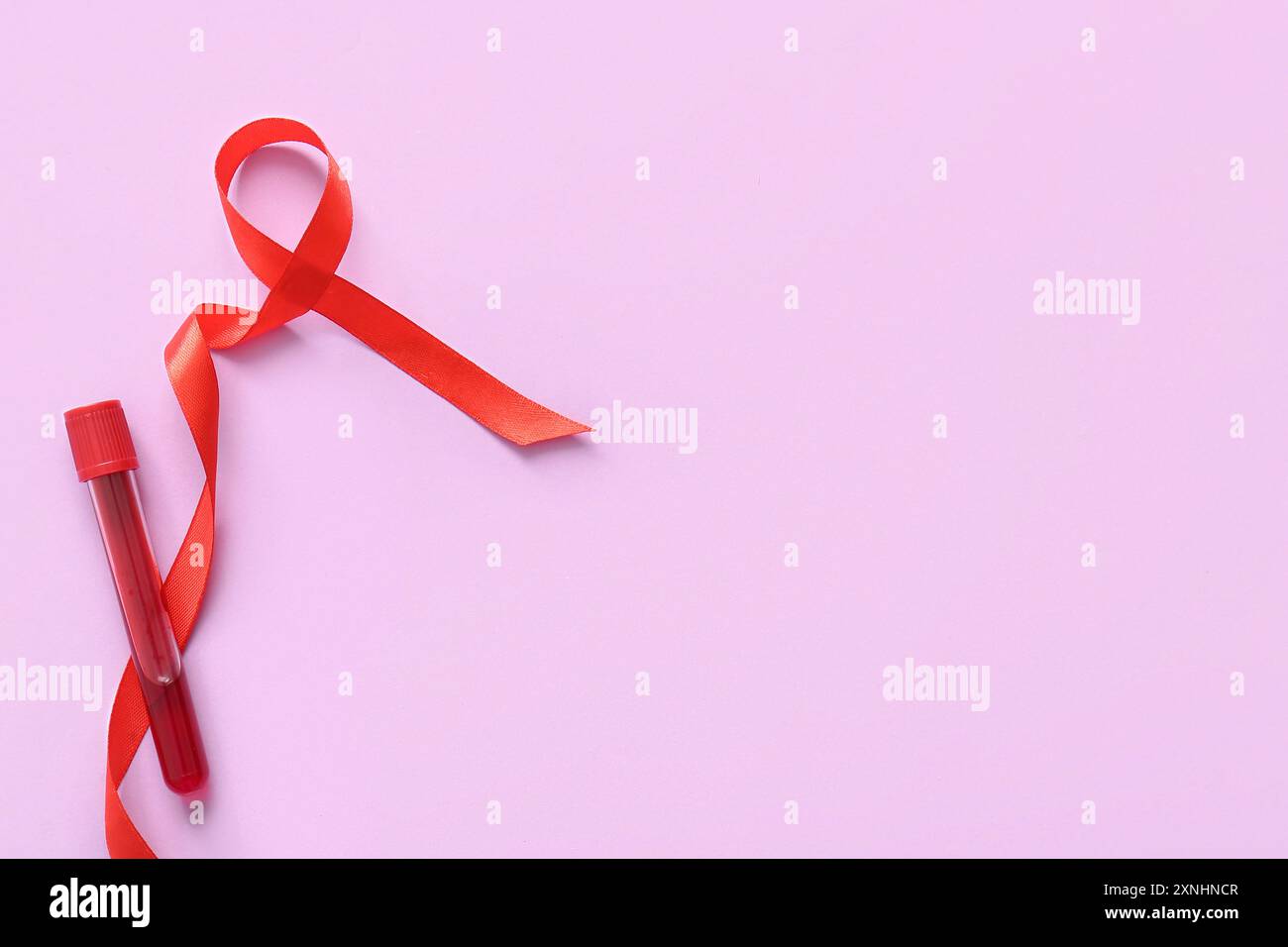 Red ribbon with blood sample on lilac background. Blood Cancer ...