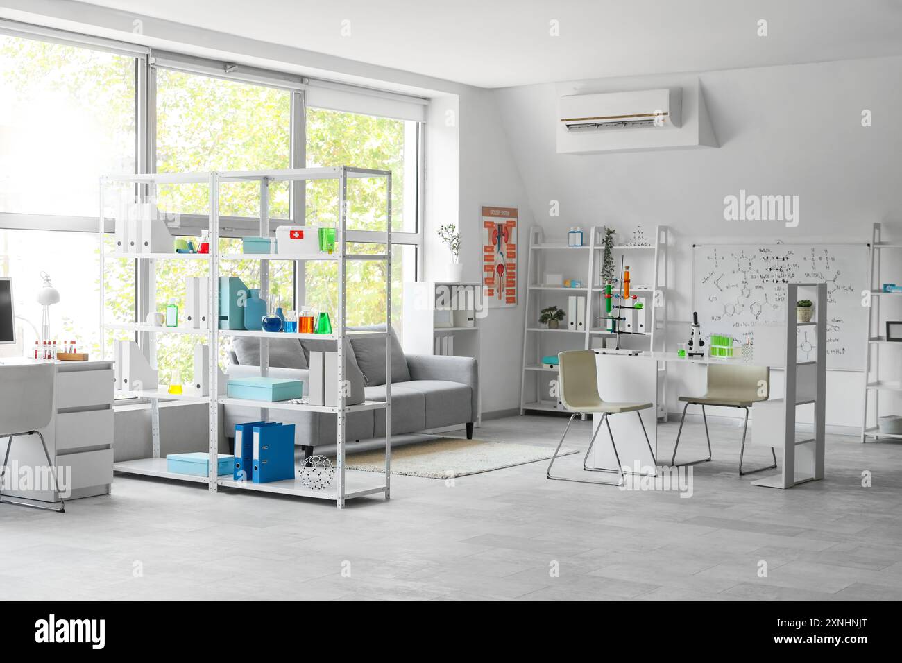 Interior of laboratory with workplace, shelf units and chemical ...