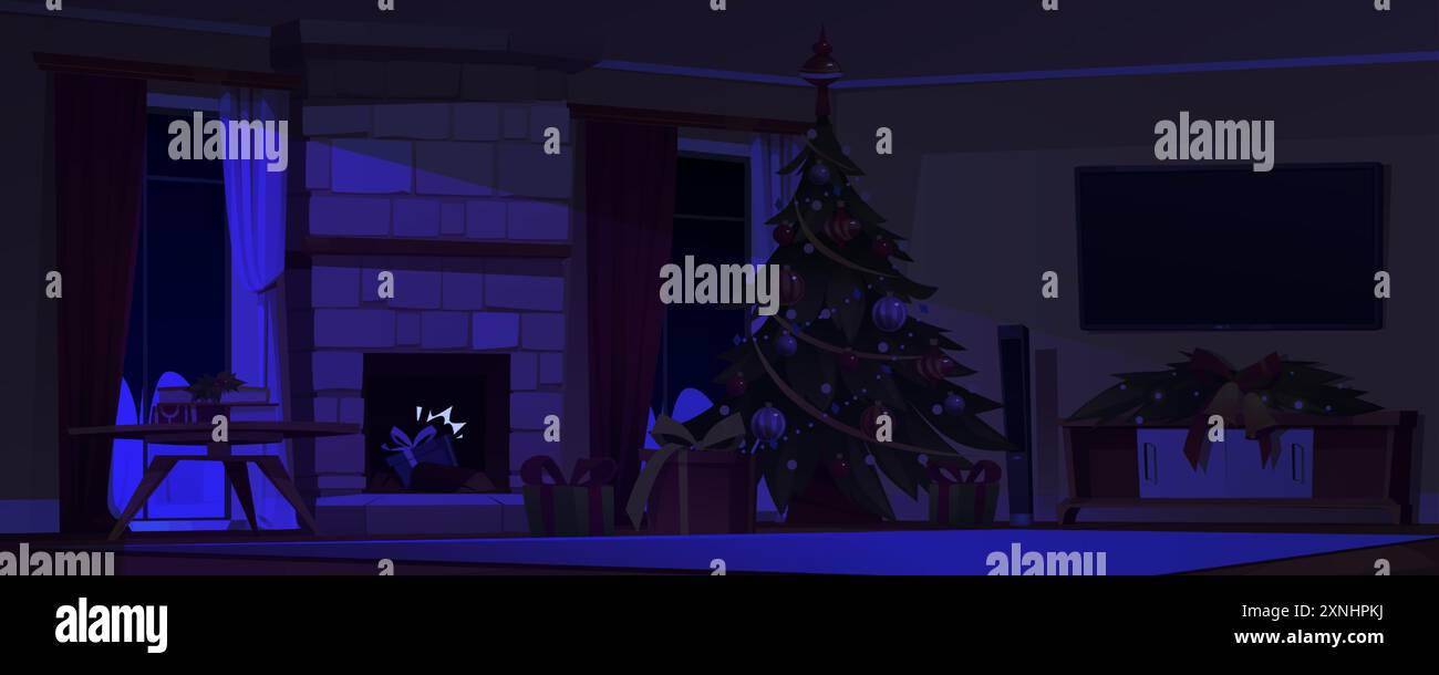 Dark living room on X-mas eve. Vector cartoon illustration of home ...