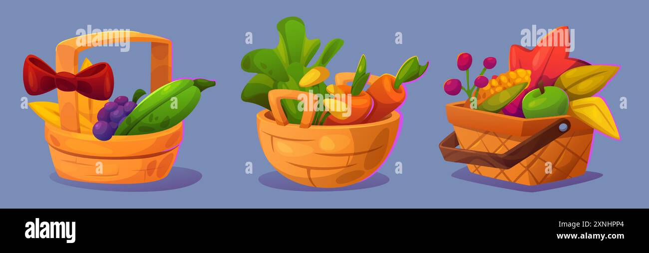 Fresh vegetable and fruit baskets set isolated on background. Vector ...