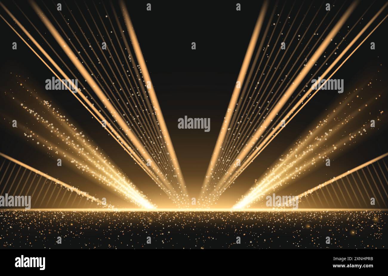 Golden light rays shining on black background. Vector realistic illustration of bright yellow ...