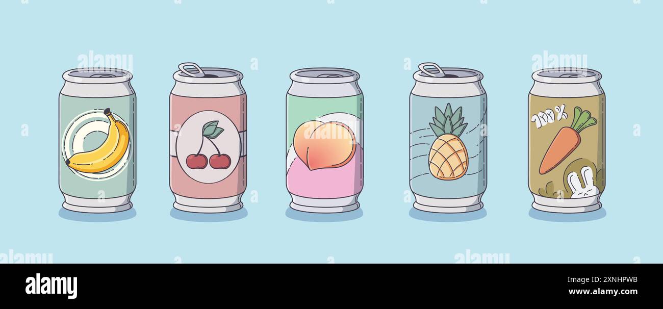 Cute cartoon tin can with fruit, berry and vegetable fizzy soda or ...