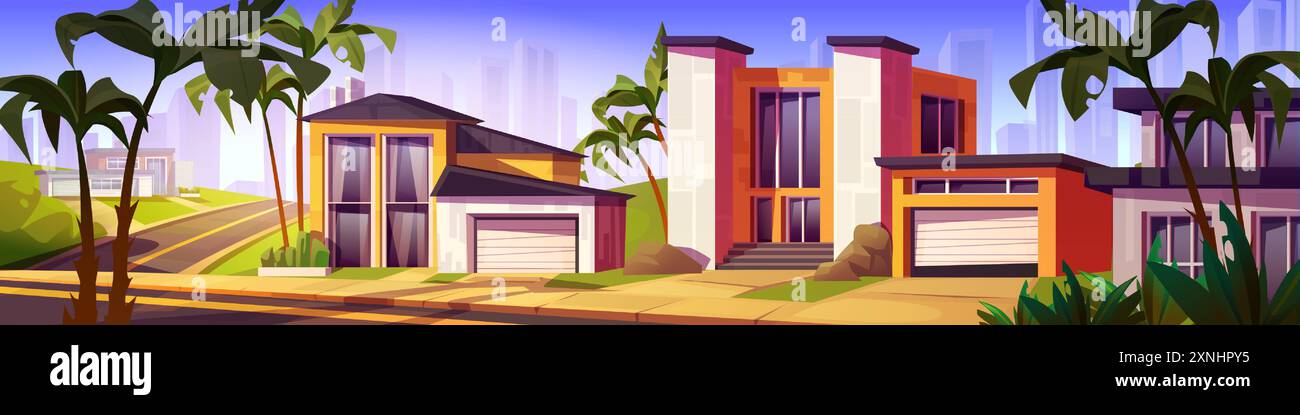 Suburban landscape with modern mansion and palm trees, city skyscrapers ...