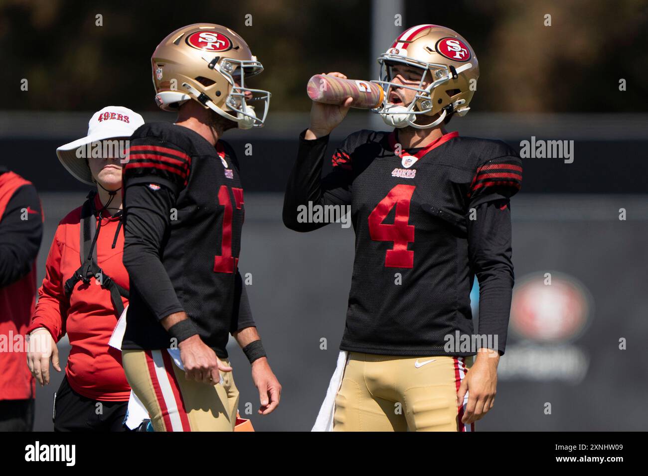 July 31, 2024; Santa Clara, CA, USA; San Francisco 49ers quarterbacks ...