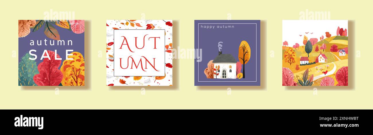 Set of square posters with autumn cards. Nice landscape, hills and ...