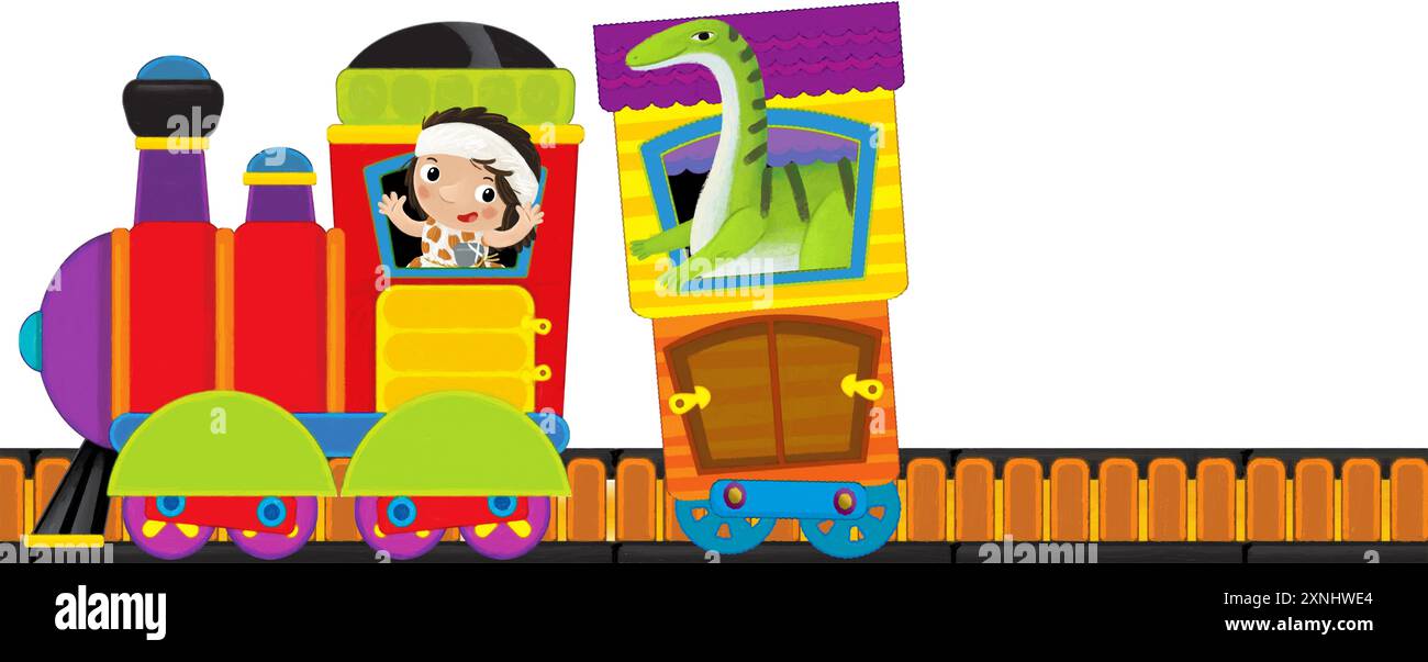 Cartoon funny looking colorful train locomotive wagon with dino ...