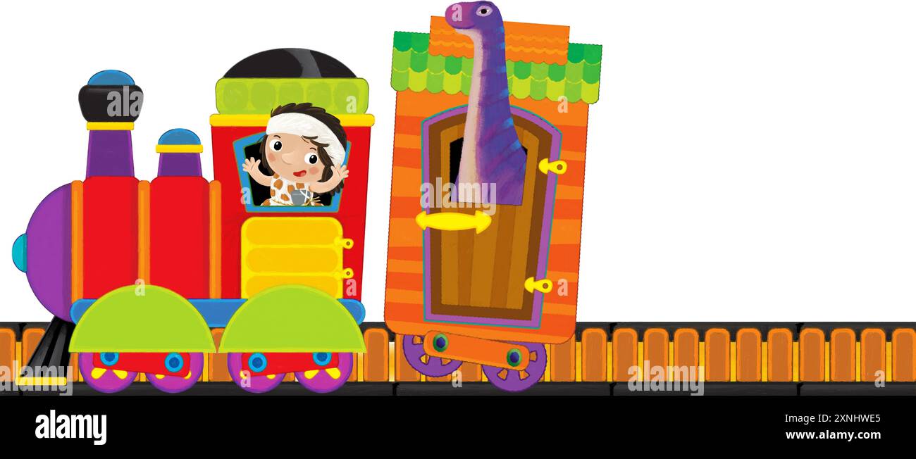 Cartoon funny looking colorful train locomotive wagon with dino ...