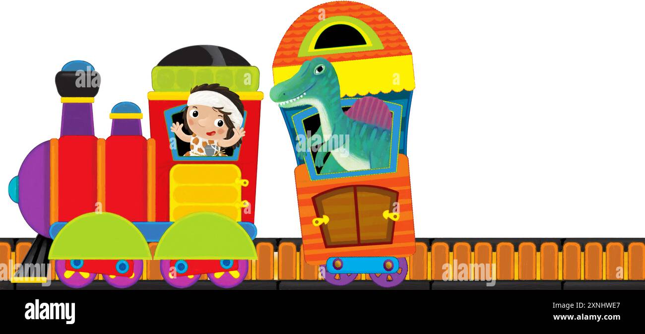 Cartoon funny looking colorful train locomotive wagon with dino ...