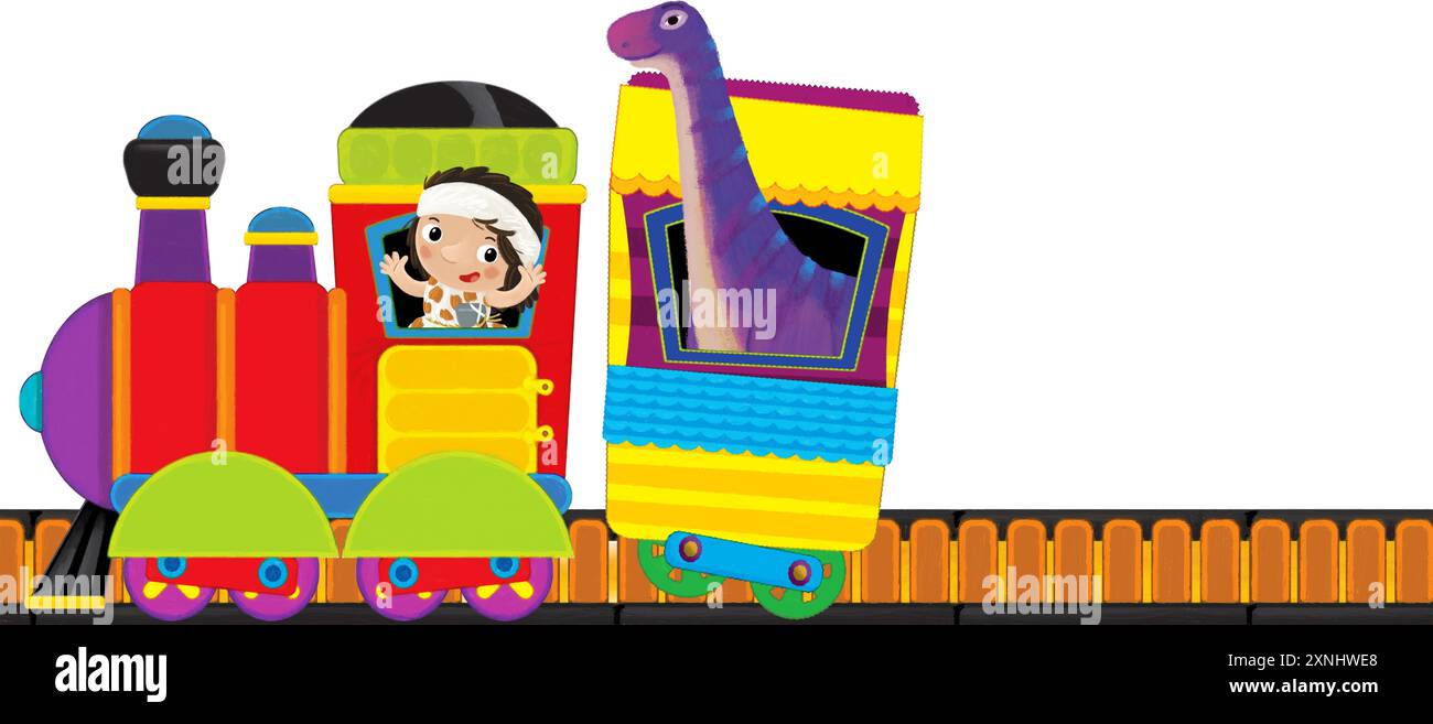Cartoon funny looking colorful train locomotive wagon with dino ...
