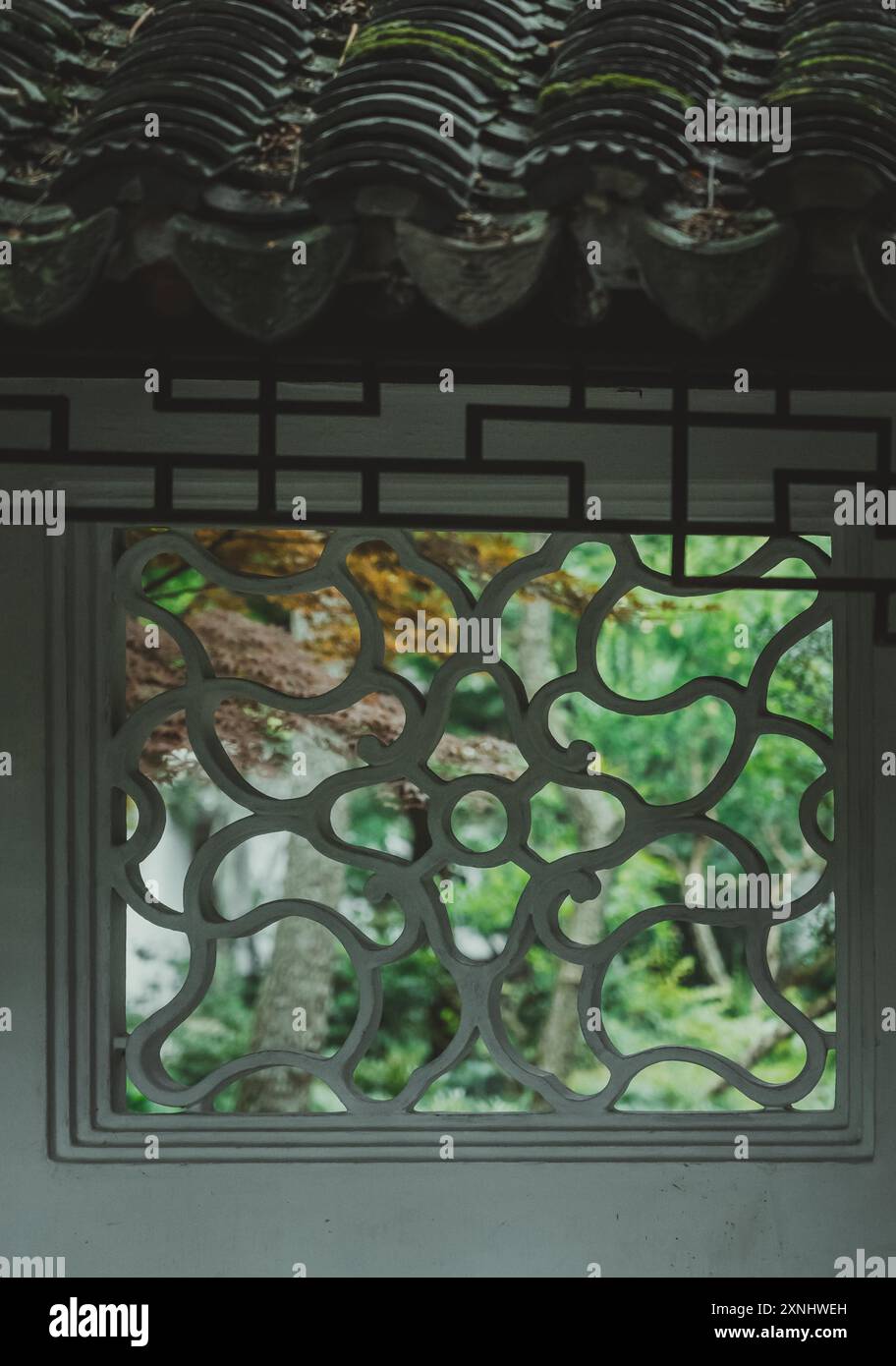A white frame with an intricate design outlines a view of lush greenery ...