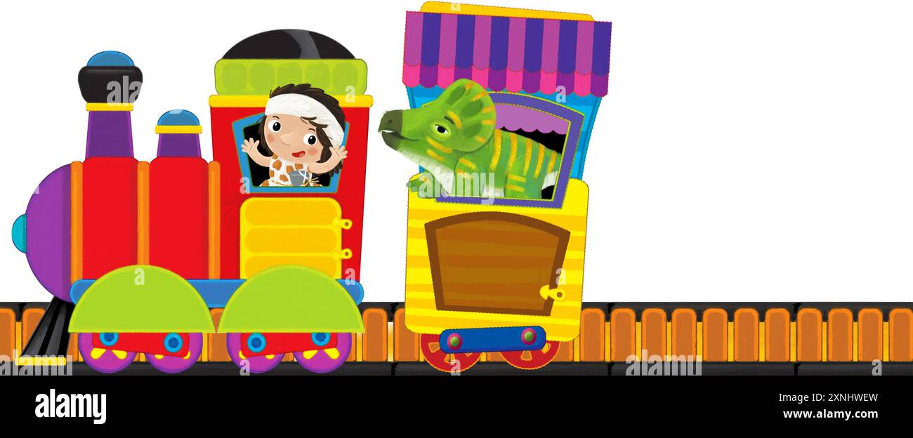 Cartoon funny looking colorful train locomotive wagon with dino dinosaur animal lizard and ...