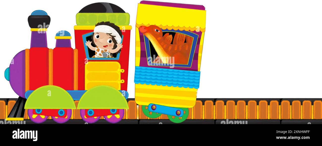 Cartoon funny looking colorful train locomotive wagon with dino ...