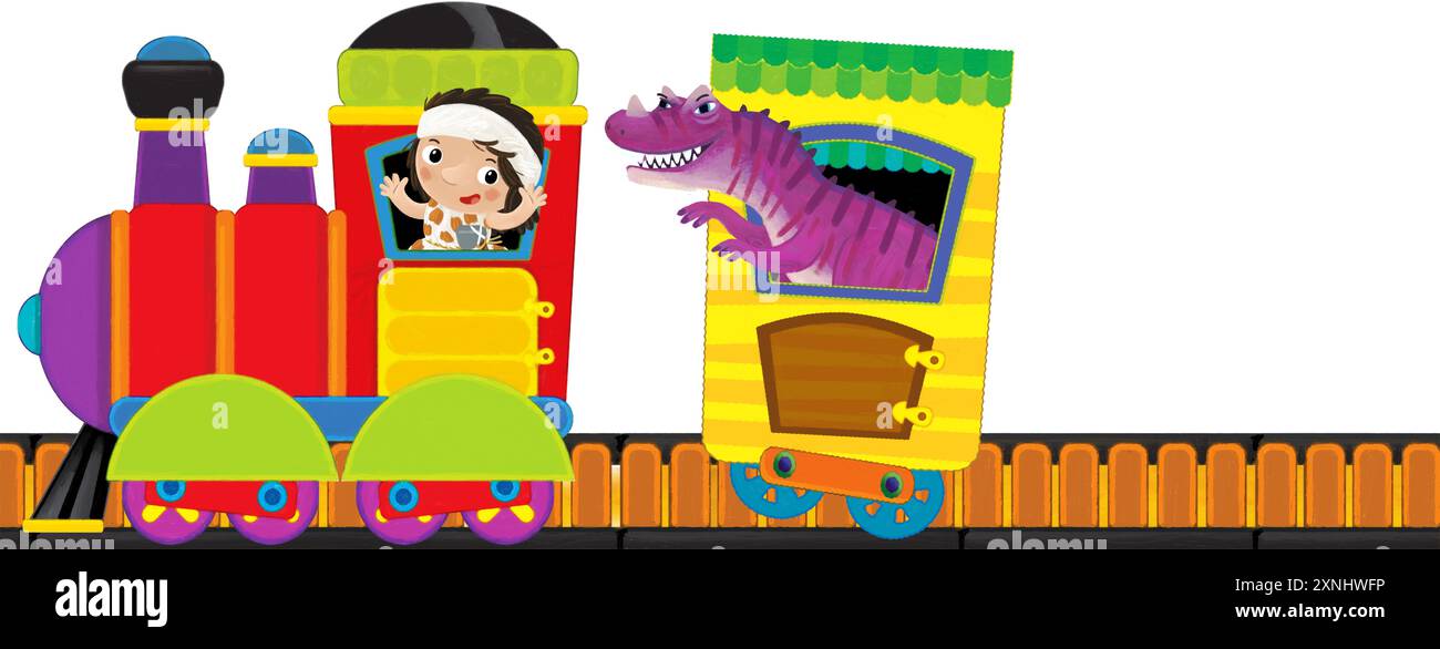 Cartoon funny looking colorful train locomotive wagon with dino ...