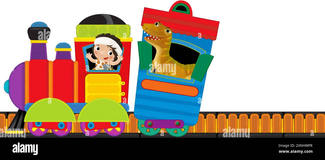 Cartoon funny looking colorful train locomotive wagon with dino ...
