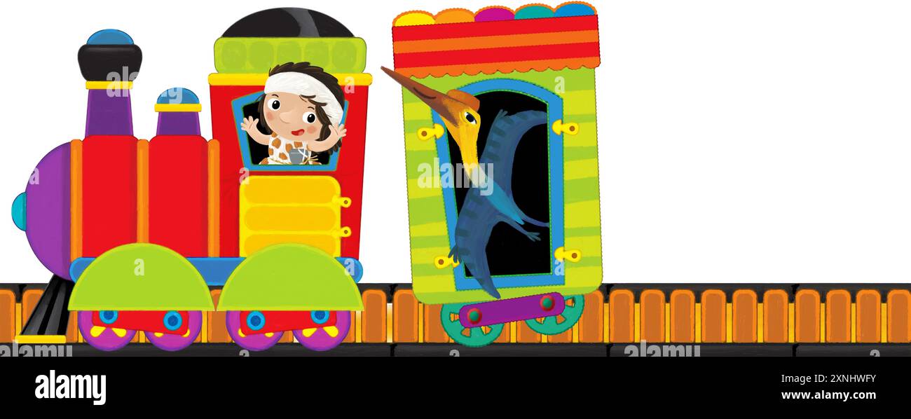 Cartoon funny looking colorful train locomotive wagon with dino ...