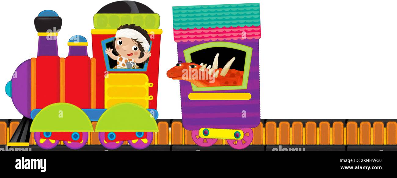 Cartoon funny looking colorful train locomotive wagon with dino ...