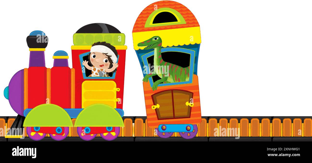 Cartoon funny looking colorful train locomotive wagon with dino ...