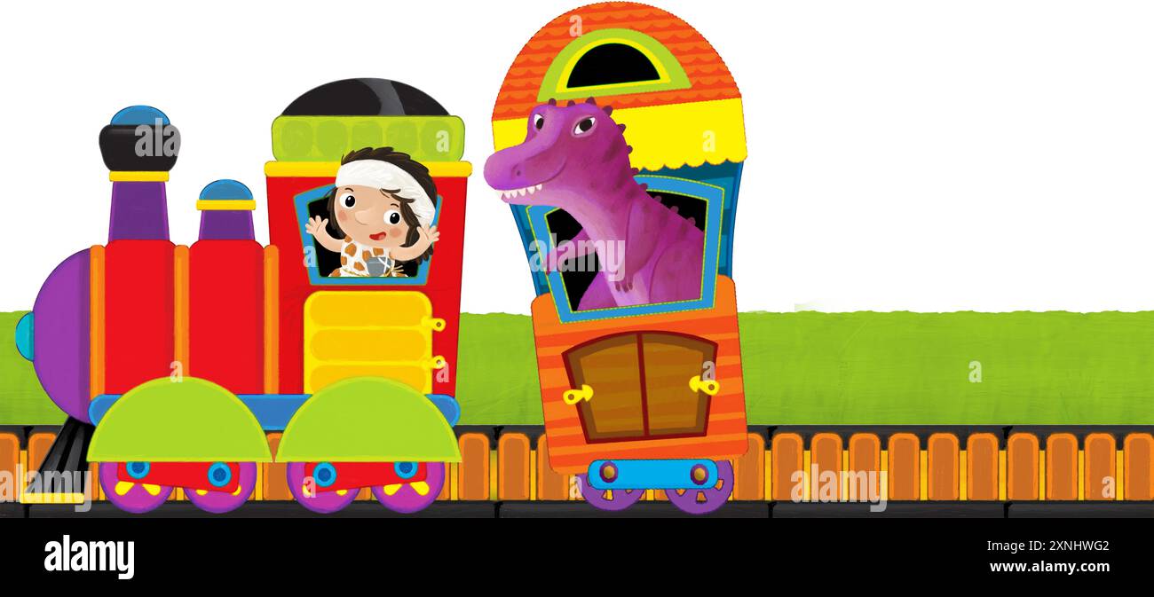 Cartoon funny looking colorful train locomotive wagon with dino ...