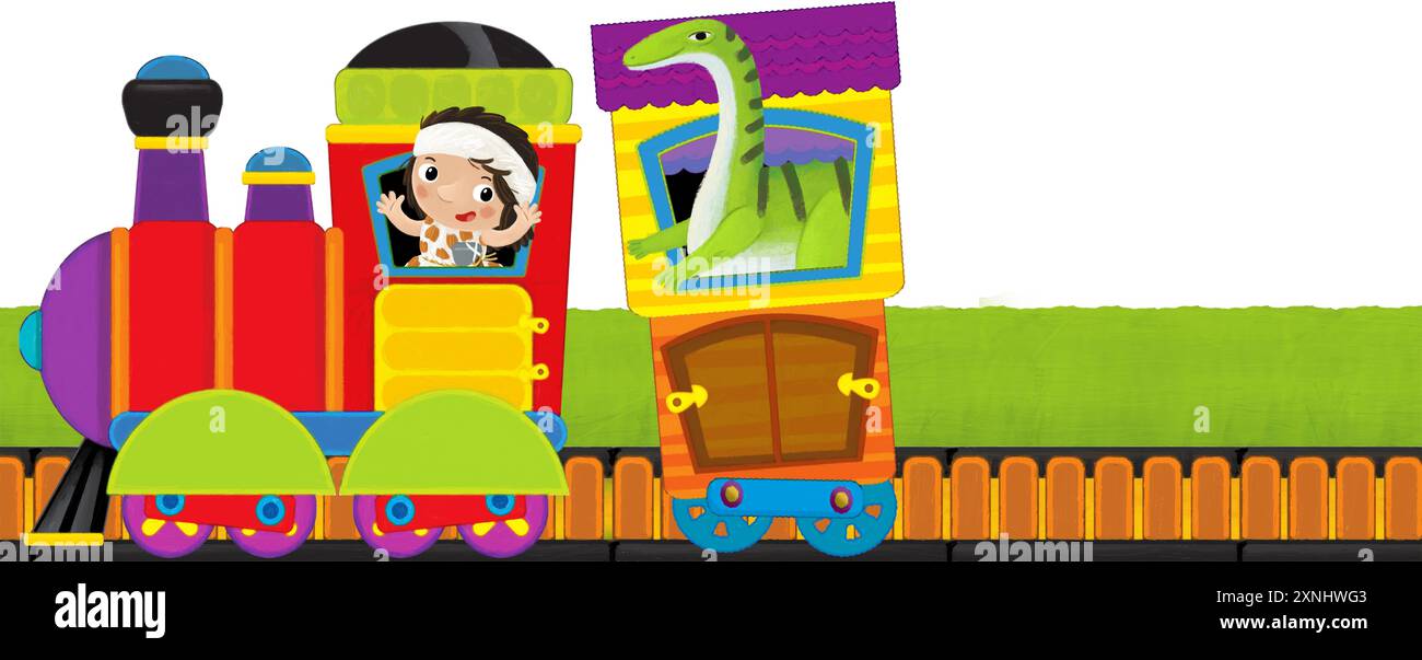 Cartoon funny looking colorful train locomotive wagon with dino ...