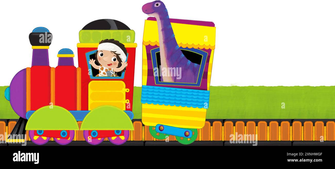 Cartoon funny looking colorful train locomotive wagon with dino dinosaur animal lizard and ...