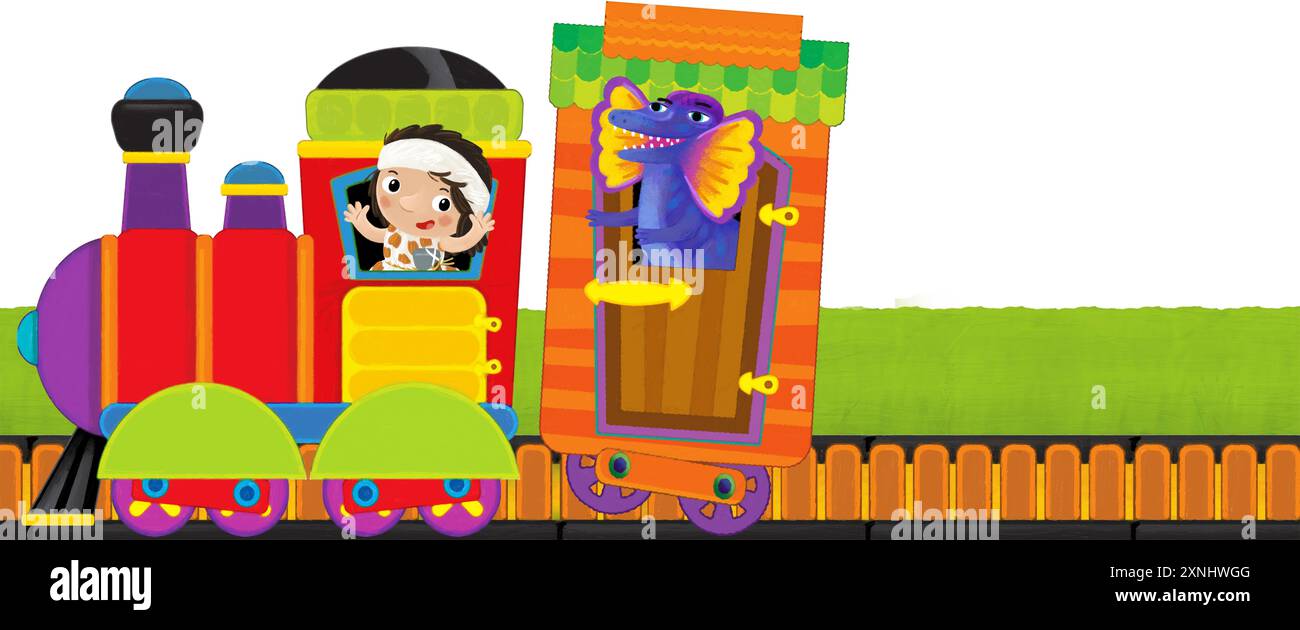 Cartoon funny looking colorful train locomotive wagon with dino dinosaur animal lizard and ...