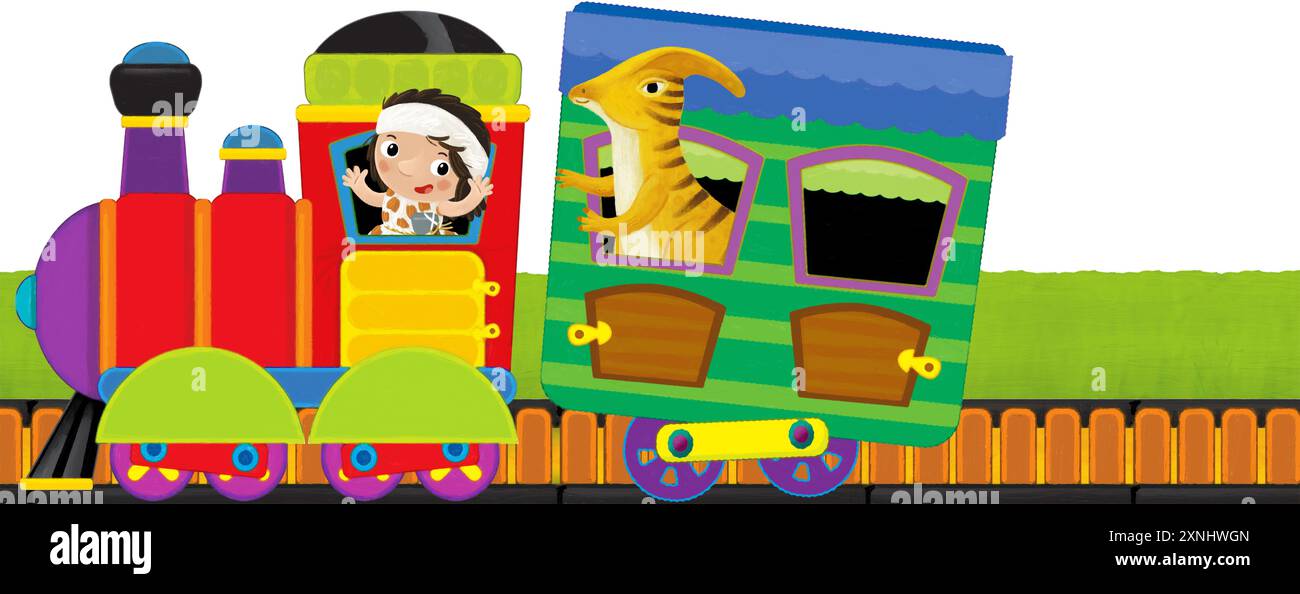Cartoon funny looking colorful train locomotive wagon with dino ...