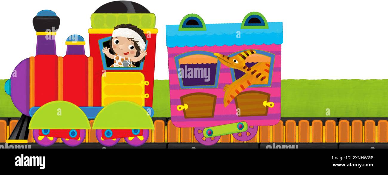 Cartoon funny looking colorful train locomotive wagon with dino dinosaur animal lizard and ...