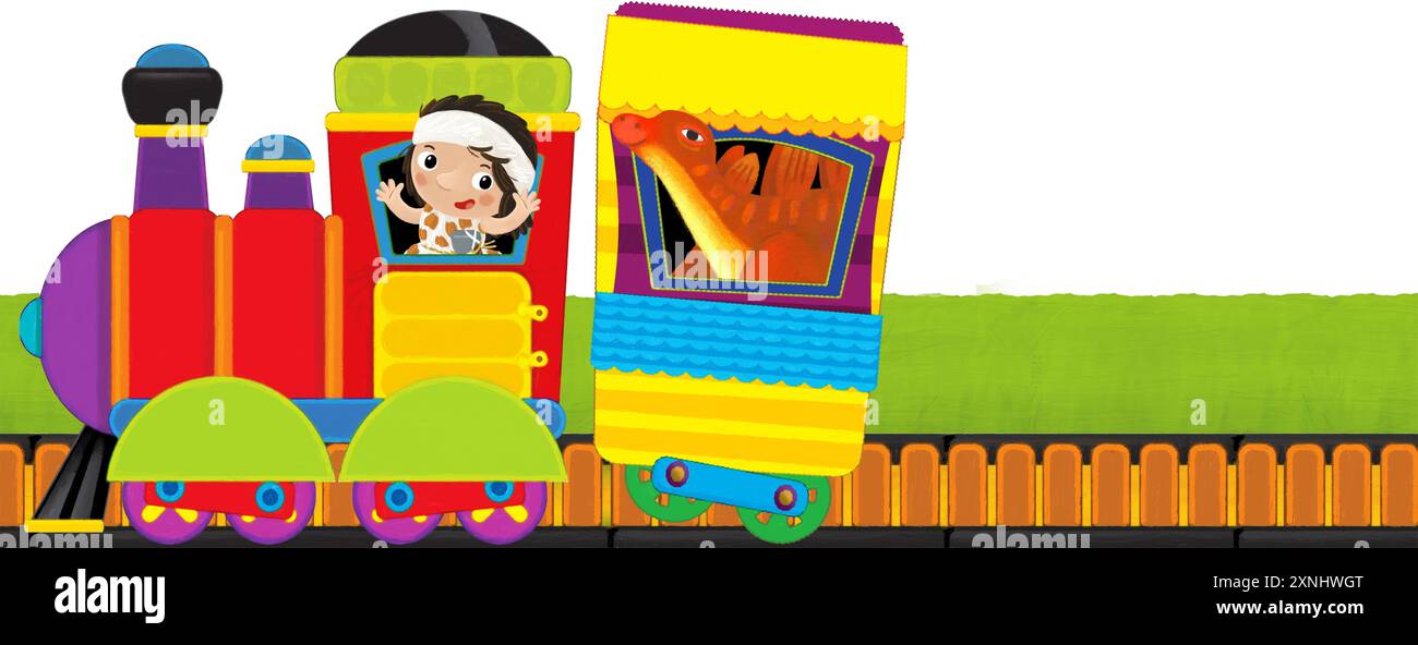 Cartoon funny looking colorful train locomotive wagon with dino ...