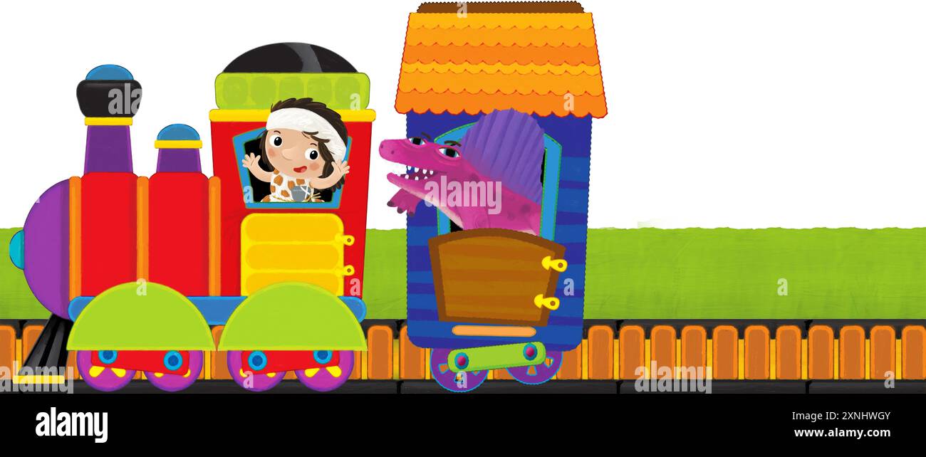 Cartoon funny looking colorful train locomotive wagon with dino ...