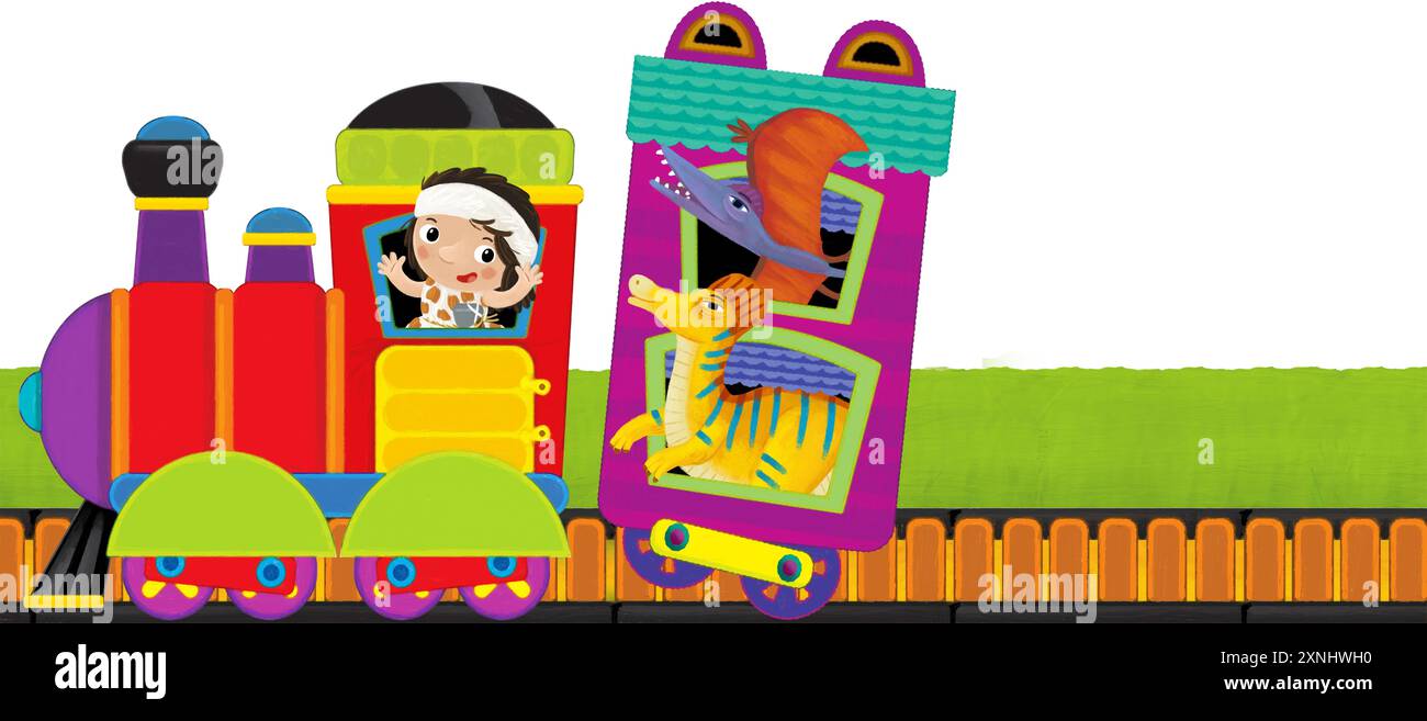 Cartoon funny looking colorful train locomotive wagon with dino ...