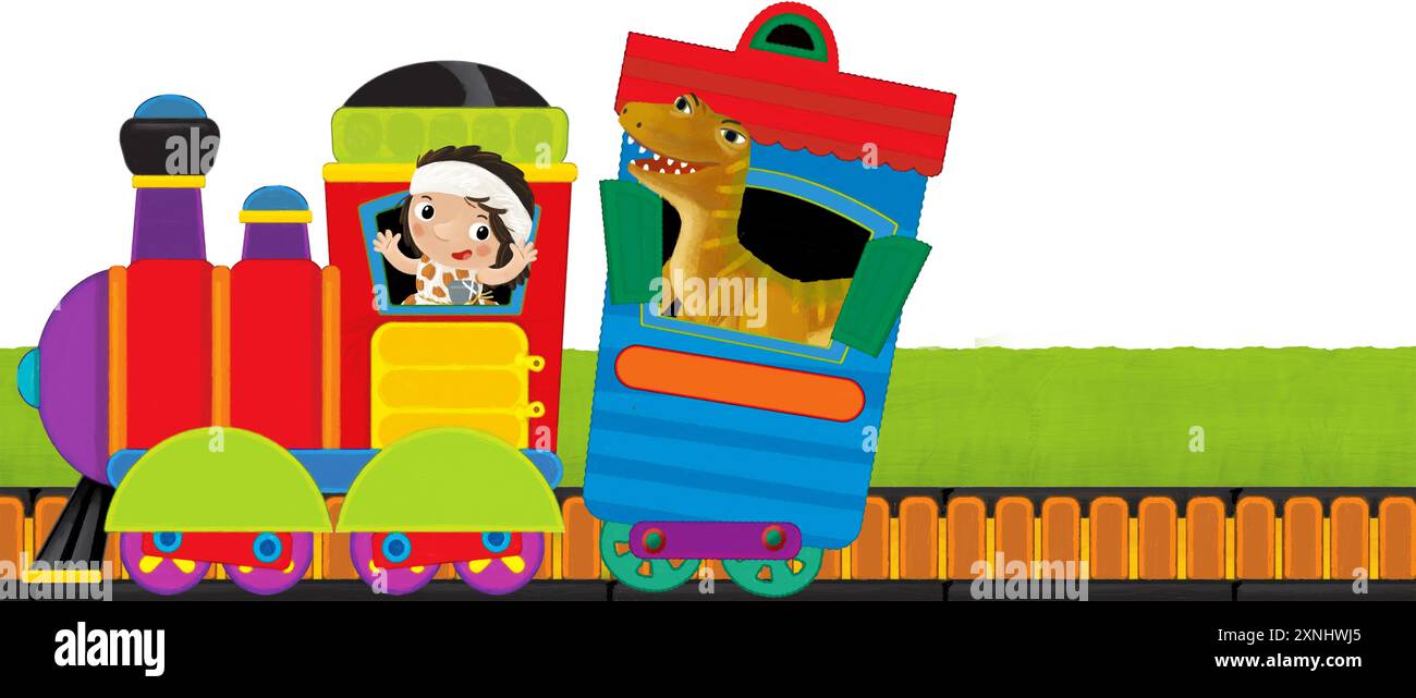 Cartoon funny looking colorful train locomotive wagon with dino ...