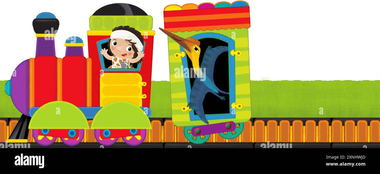 Cartoon funny looking colorful train locomotive wagon with dino ...
