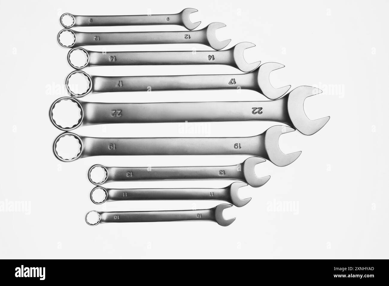 Set of ratcheting wrenches on white background, top view. Auto mechanic ...