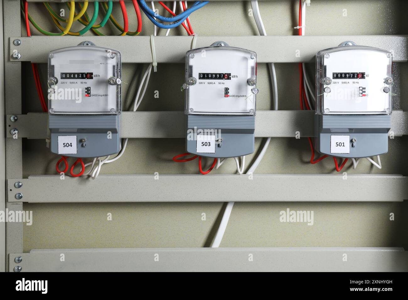 Electric meters and wires in fuse box. Energy measuring device Stock ...