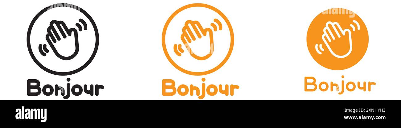 Bonjour text with hand wave icon web design logo set collection in flat ...
