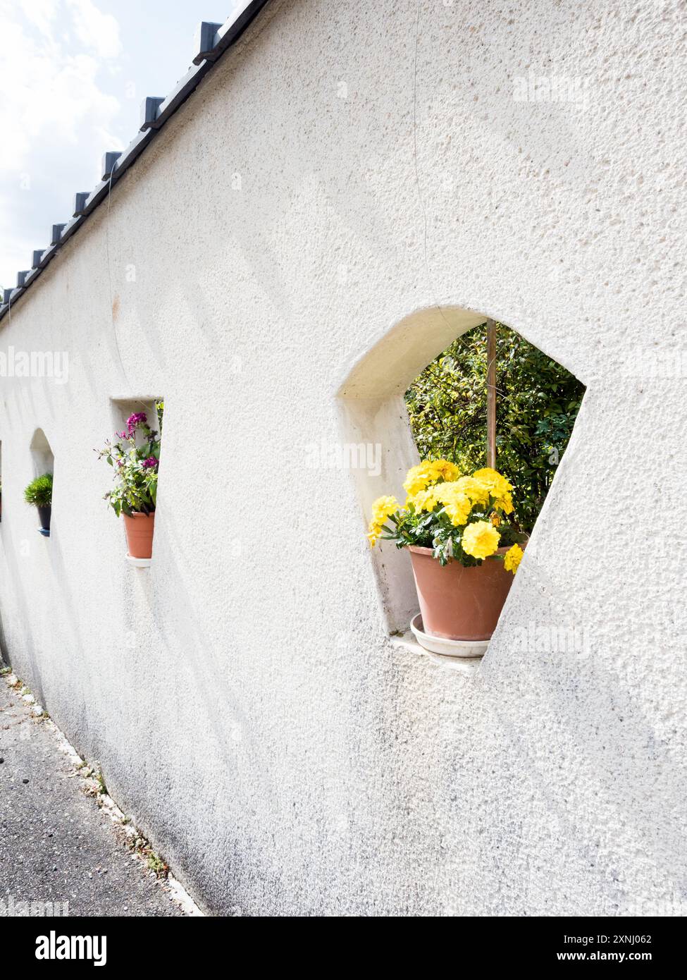 Traditional Japanese white plaster wall decorated with flowers - in ...