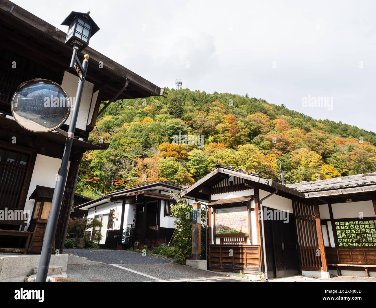 Kiso, Nagano prefecture, Japan - October 23, 2017: Fall foliage in historic old town of Kiso ...