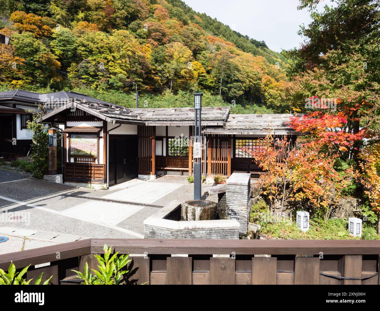 Kiso, Nagano prefecture, Japan - October 23, 2017: Fall foliage in historic old town of Kiso ...
