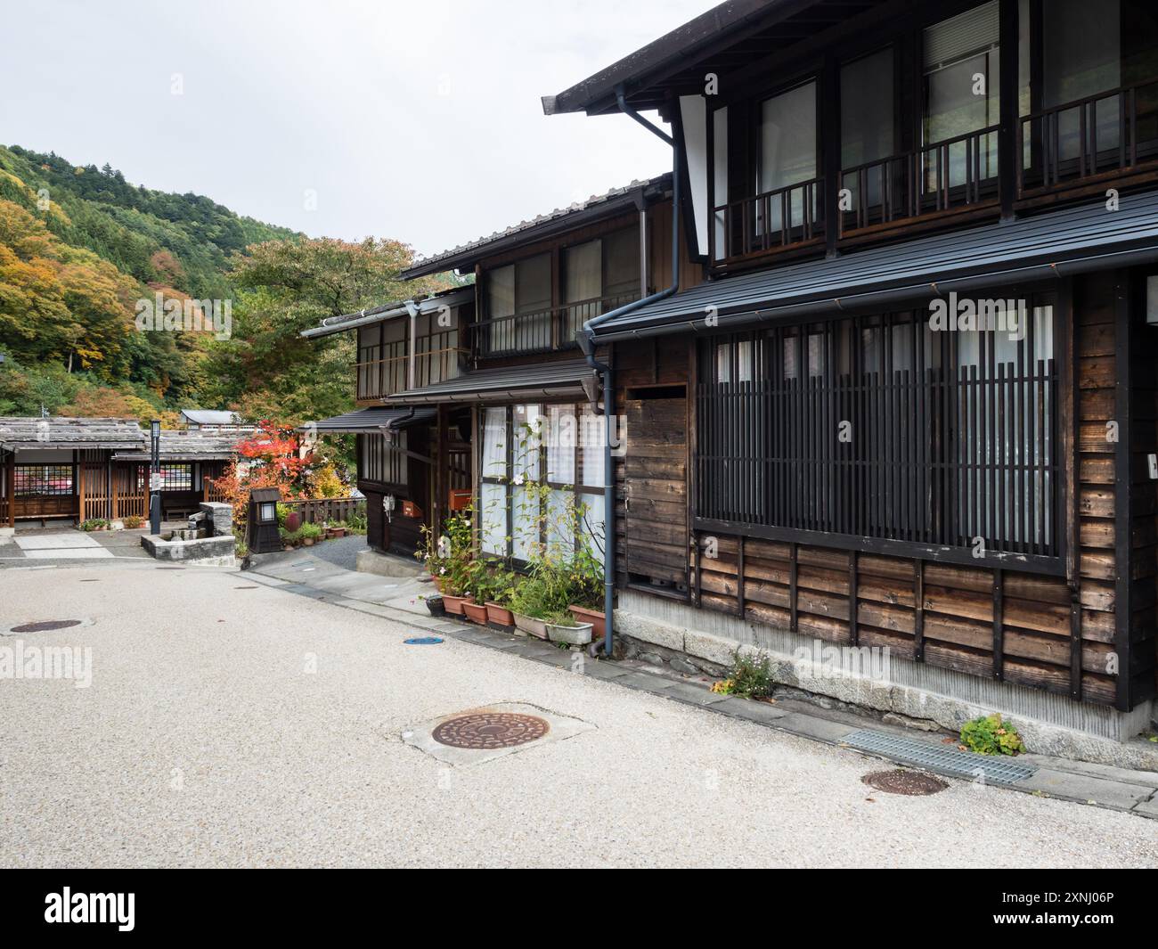 Traditional houses in historic district of Kiso-Fukushima, an old post town along Nakasendo road ...