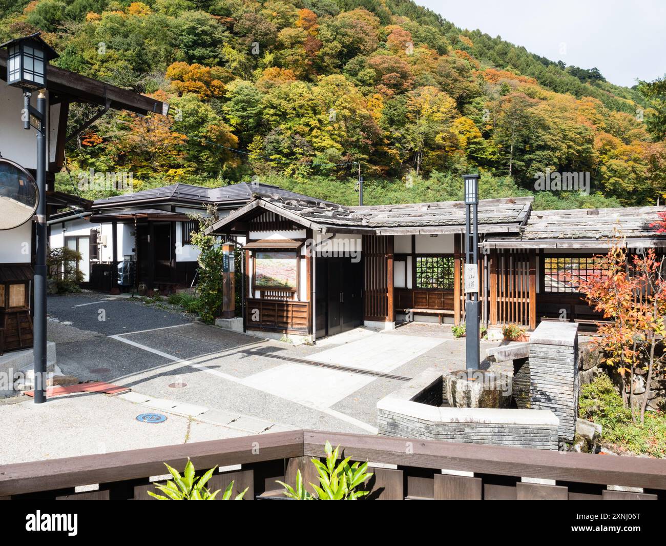 Kiso, Nagano prefecture, Japan - October 23, 2017: Fall foliage in historic old town of Kiso ...